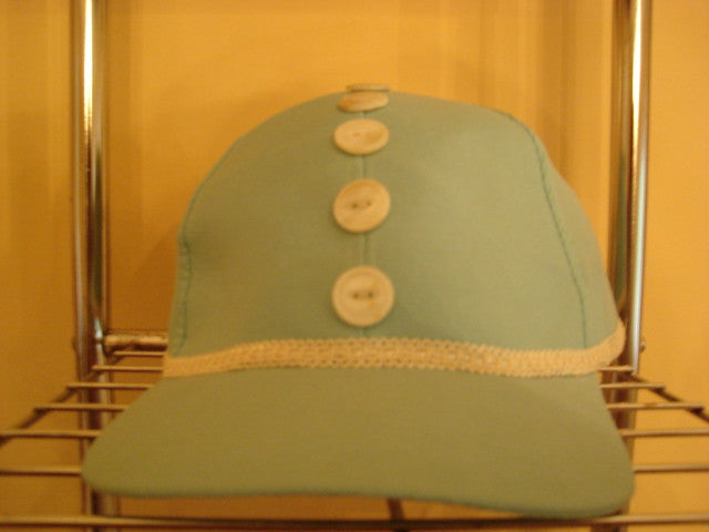 Blue Baseball Hat with 5 Shell Buttons and Ivory Trim | FayZen'sKreations
